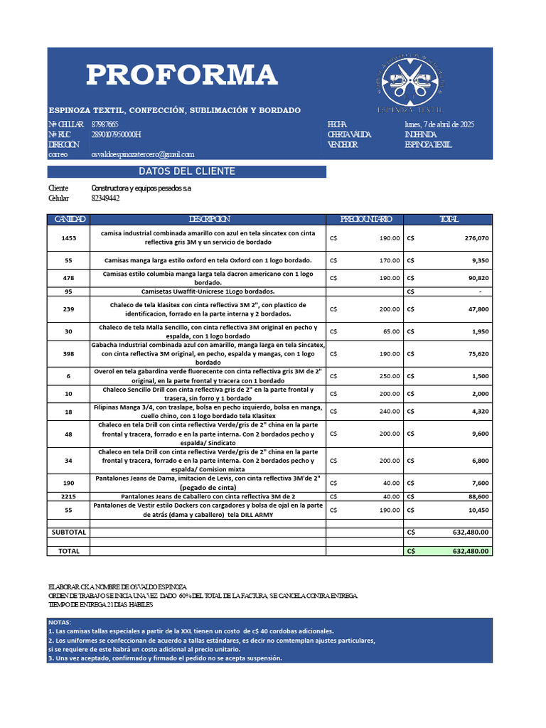 Formato de Proforma Solo Mano de Obra | PDF | Moda | Ropa