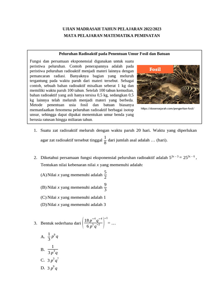 Soal Asesmen Madrasah Matematika Peminatan Tahun 2023 | PDF