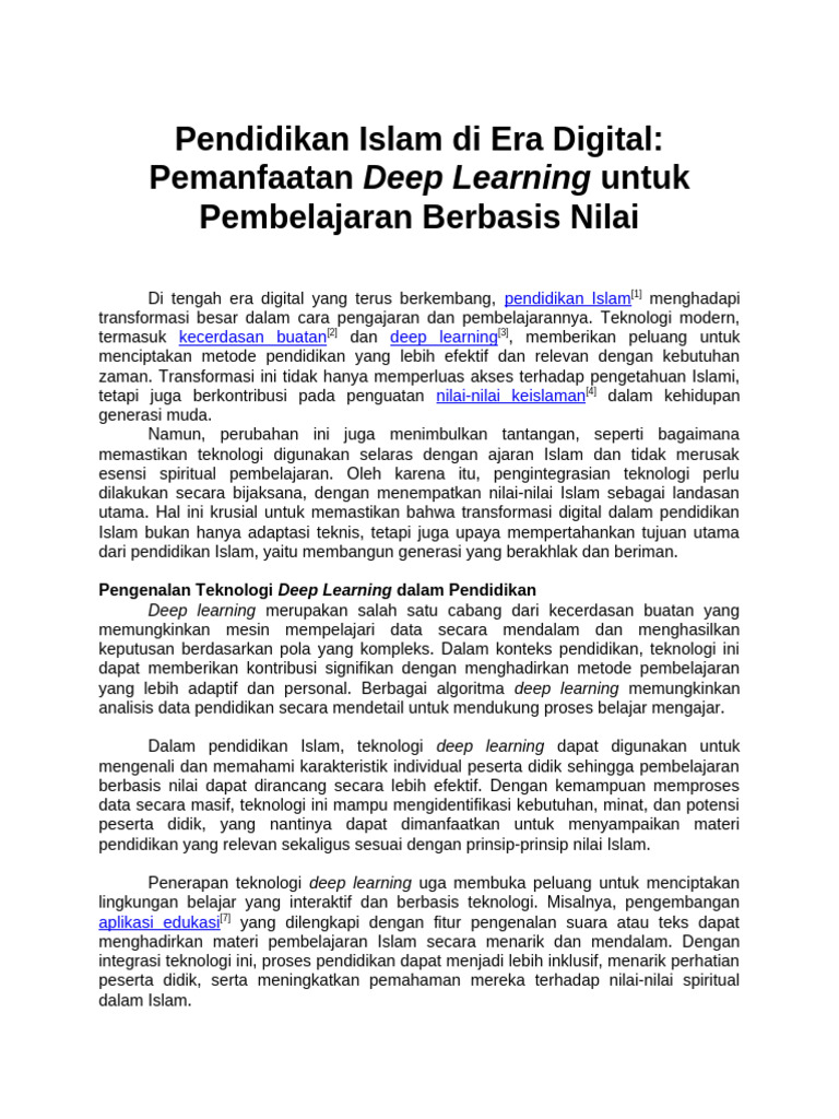 Pendidikan Islam di Era Digital_ Pemanfaatan Deep Learning untuk Pembelajaran Berbasis Nilai | PDF