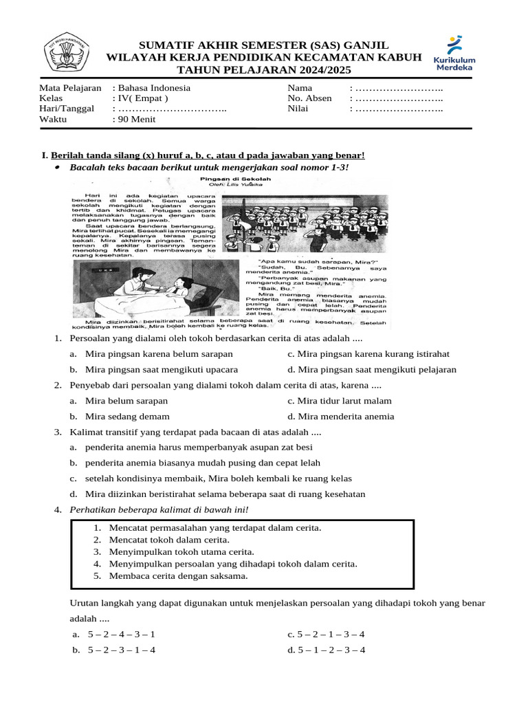 Soal Sas 1 - BHS Indonesia - Kelas 4 - 2024 2025 | PDF