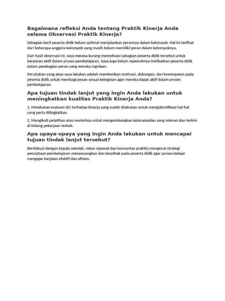 Bagaimana Refleksi Anda Tentang Praktik Kinerja Anda Selama Observasi Praktik Kinerja | PDF