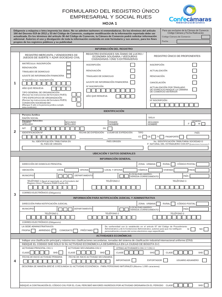 Formulario Del Registro Único Empresarial Y Social Rues: Hoja 1 | PDF | Estado de resultados ...