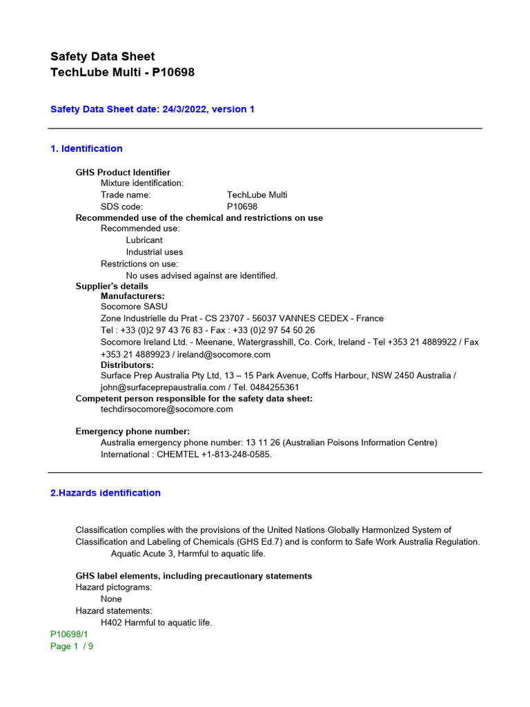 TechLube Multi Safety Data Sheet | PDF | Dangerous Goods | Toxicity