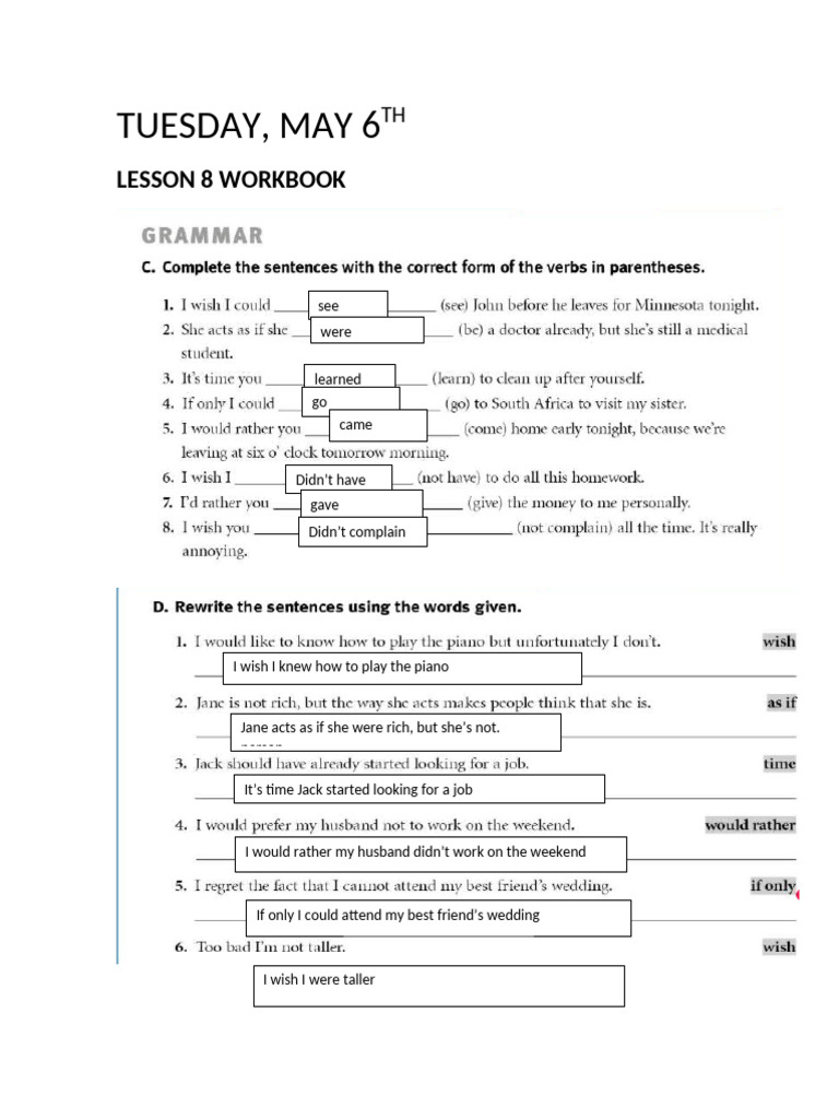 Tuesday May 6TH Workbook 8 English in Use Exercises Worked | PDF