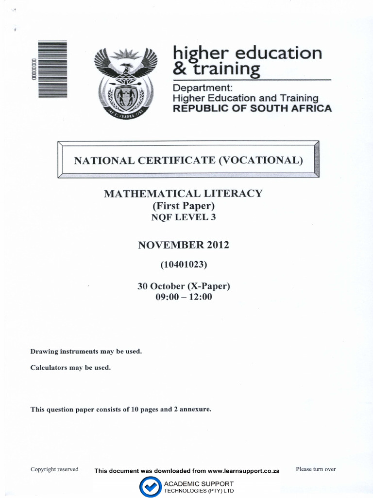 2012 Math Lit L3 - P1 November Question Paper | PDF
