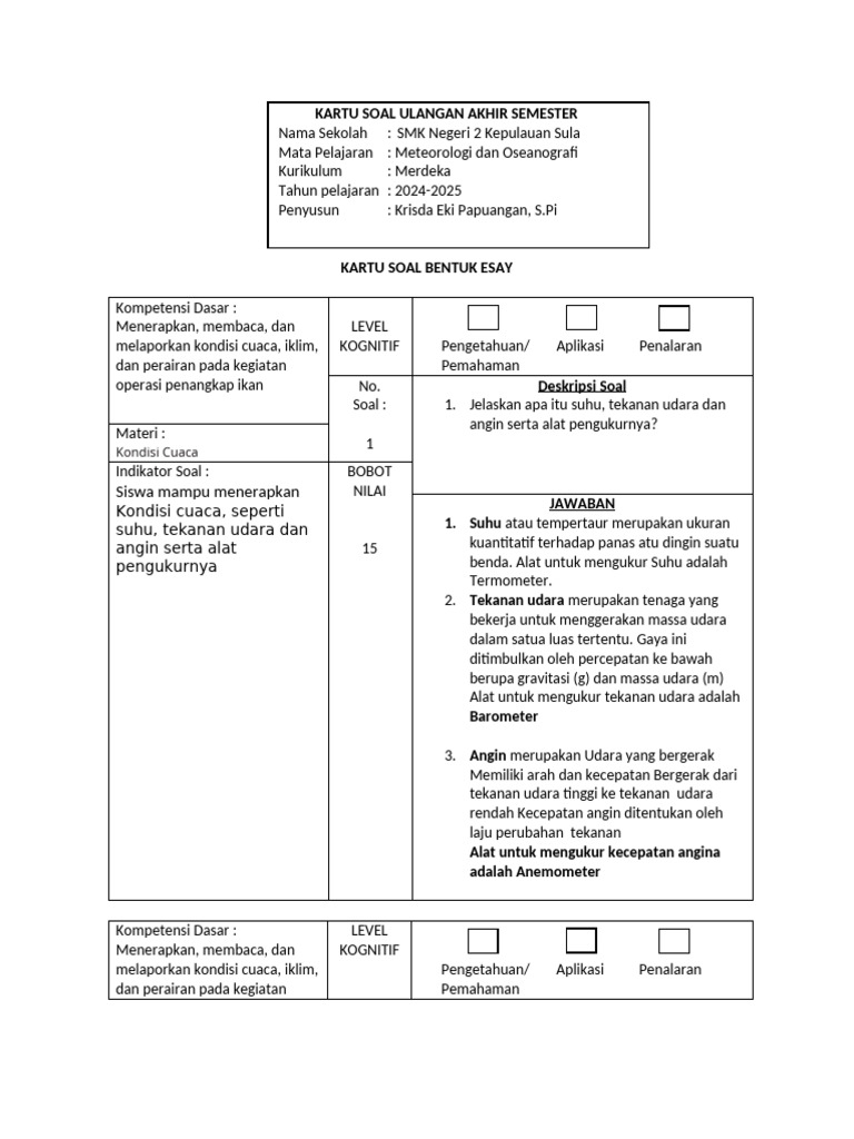 KARTU SOAl UTS METEOROLOGI DAN OSEANOGRAFI 2024 | PDF