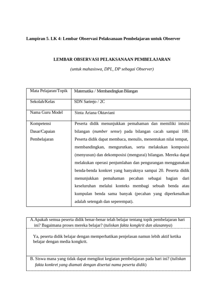 01.05.6-B4-5 Unggah LK 4 - Lembar Observasi pembelajaran observer - Siklus 1 | PDF