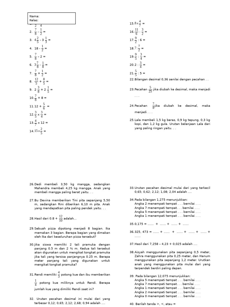 Pecahan Dan Desimal Kelas 6 | PDF