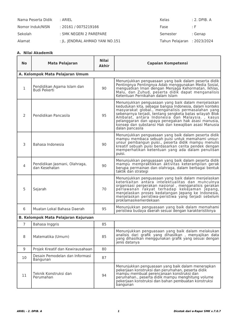 Rapor Akademik Ariel Kelas 2 DPIB A | PDF