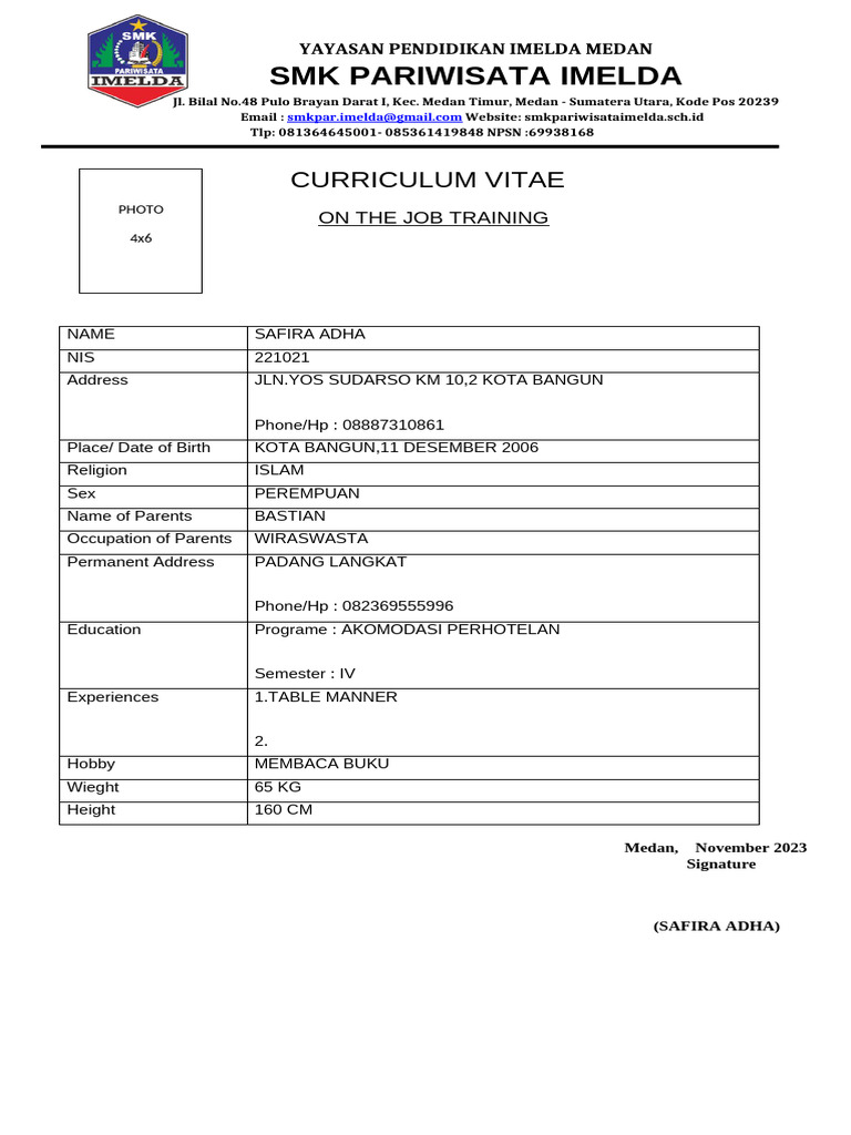CV - PKL - 2023 (1) Fira Dirumah | PDF