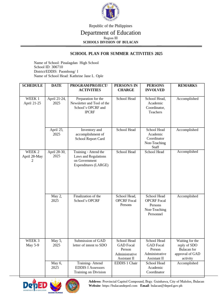 Pinalagdan High School Summer Plan 2025 | PDF