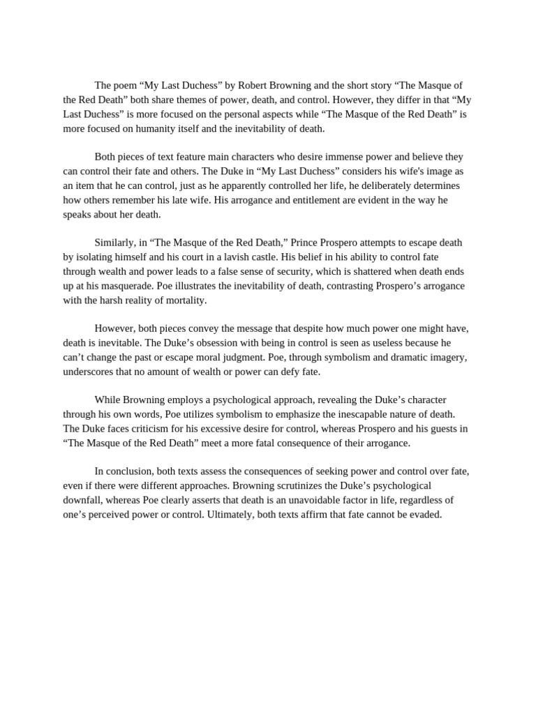 My Last Duchess and Masque of Red Death Analysis | PDF