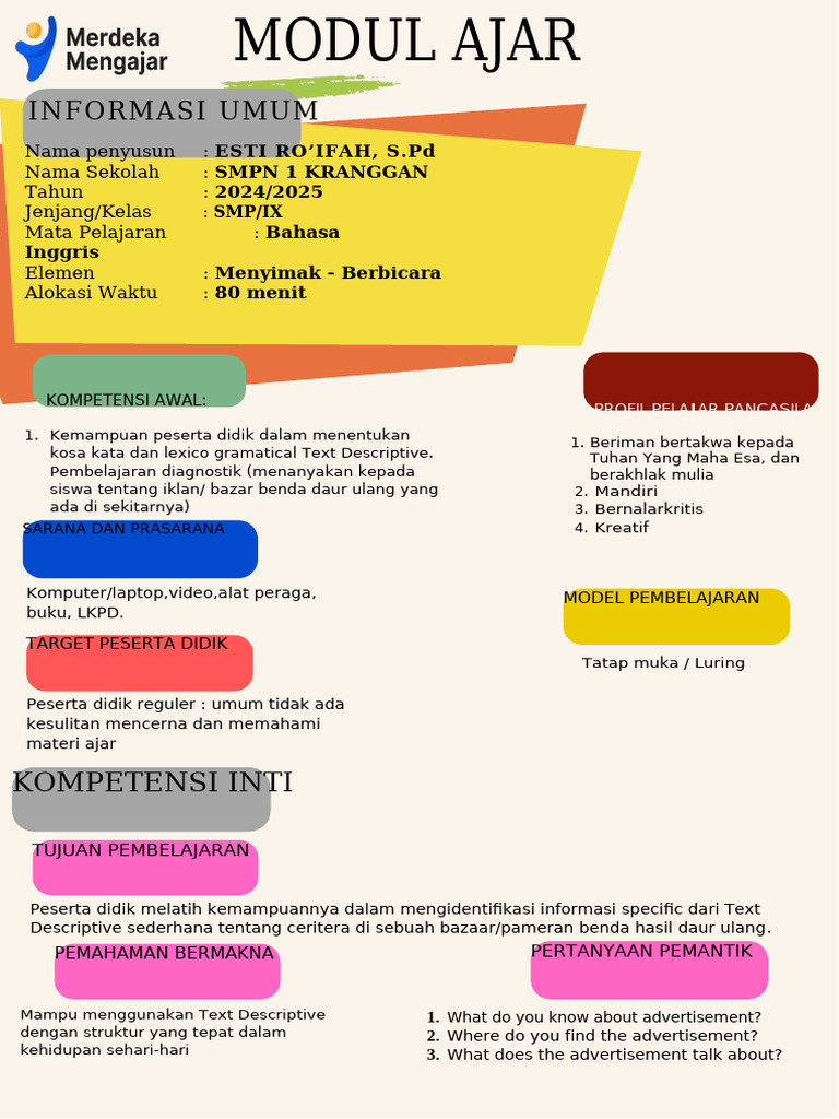 Modul Ajar Text Descriptive 2 | PDF