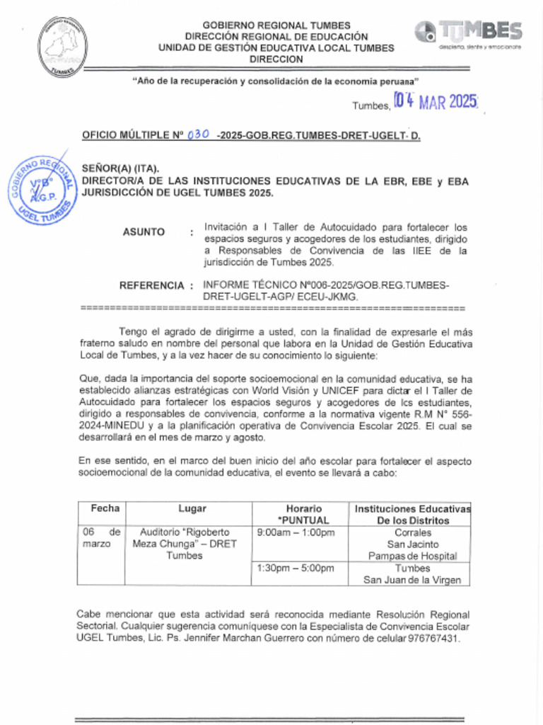 Oficio Múltiple #030-2025-Gob - Reg.tumbes-Dret-Ugelt-D | PDF