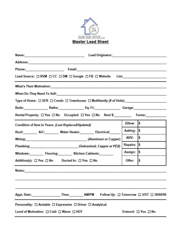 UHB - Master Lead Sheet | PDF