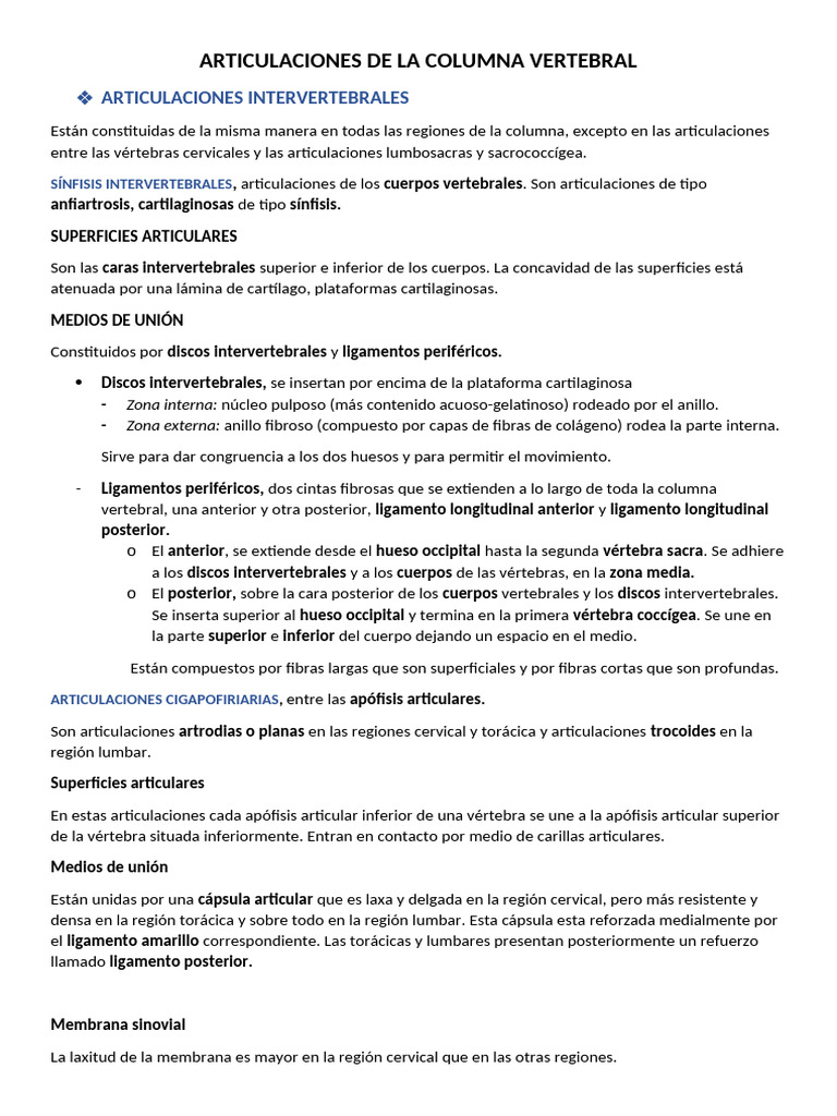 Articulaciones de La Columna Vertebral- Terminar | PDF | Articulación | La columna vertebral