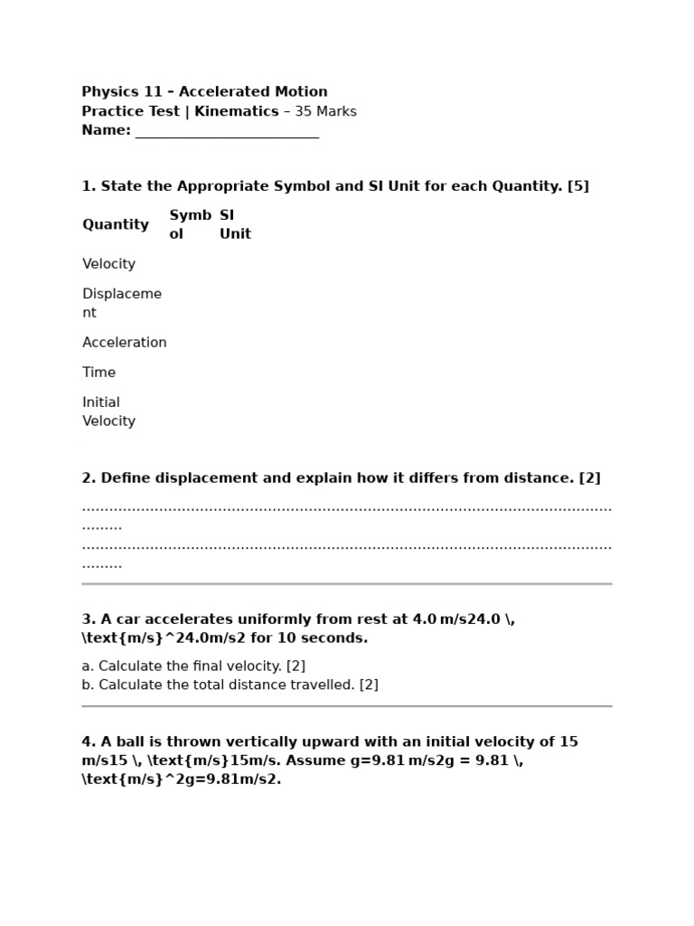 Kinematics Practice Test for Physics 11 | PDF