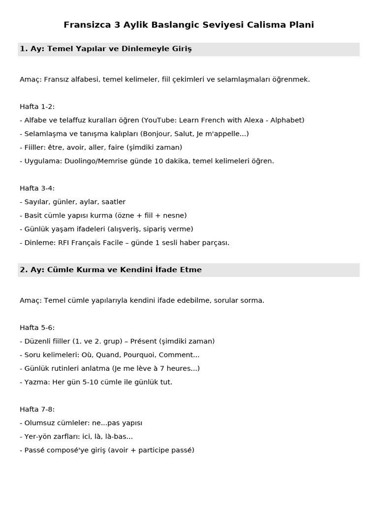 Fransizca 3 Aylik Baslangic Plani | PDF