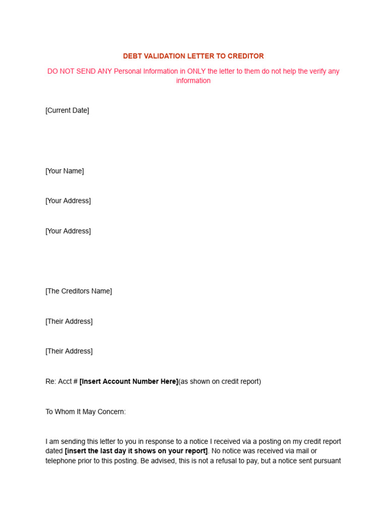 Debt Validation Letter To Creditor | PDF