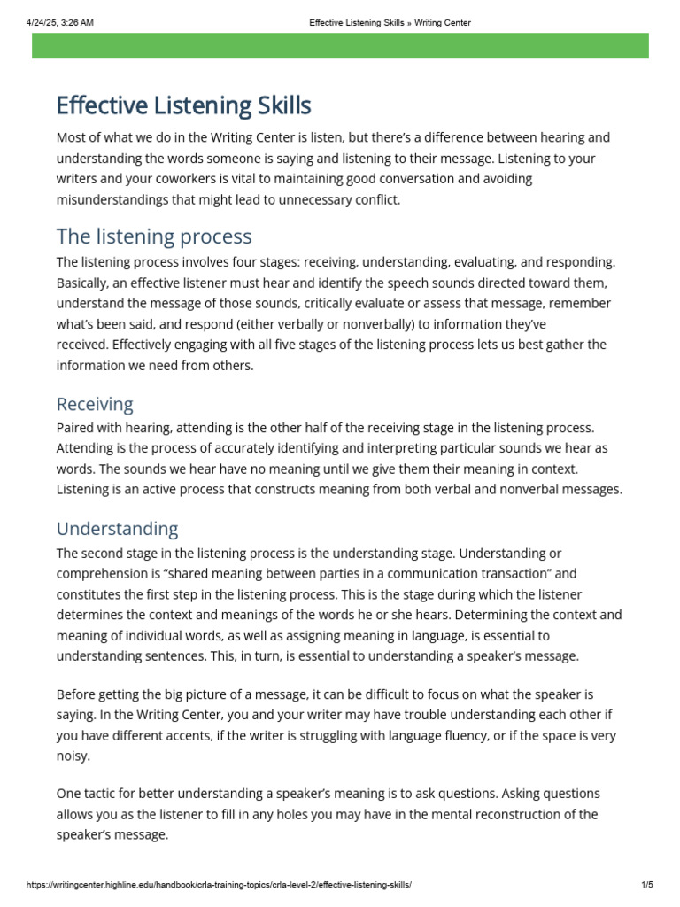 Effective Listening Skills Writing Center | PDF | Nonverbal ...