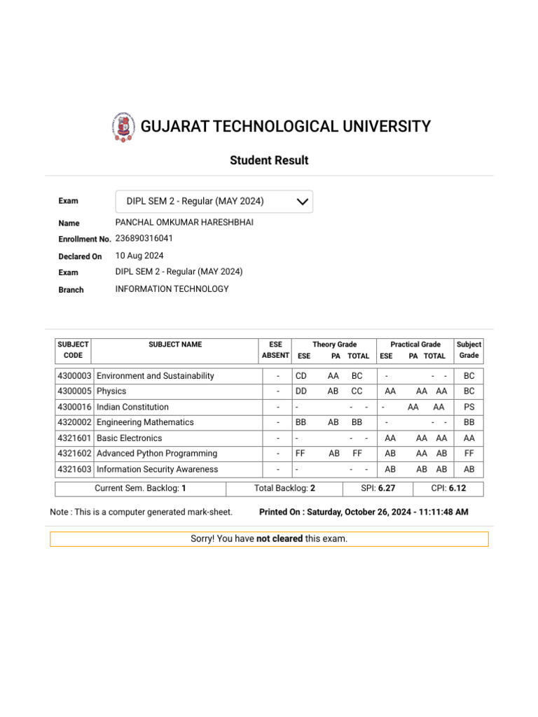 Student Profile @ GTU (1) | PDF