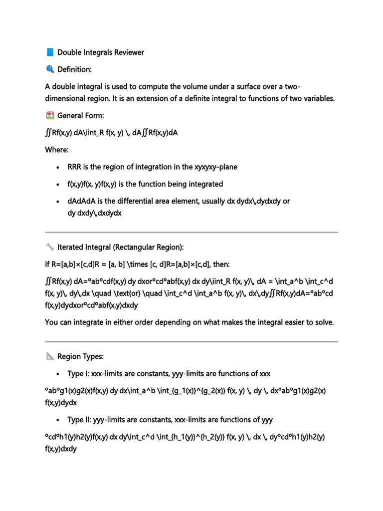 ? Double Integrals Reviewer | PDF | Integral | Mathematical Objects