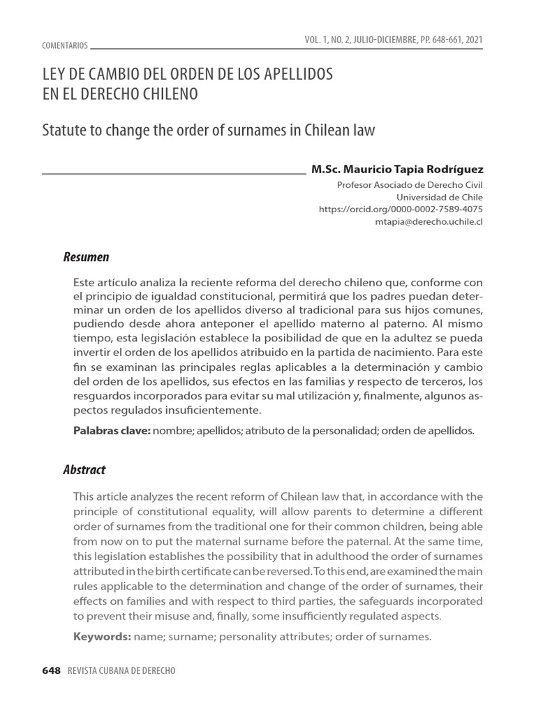 Ley de Cambio Del Orden de Los Apellidos en El Derecho Chileno Statute ...