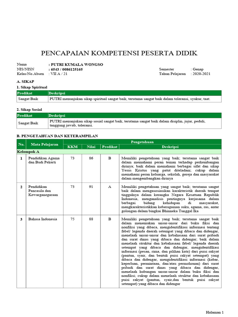 Contoh Rapor | PDF