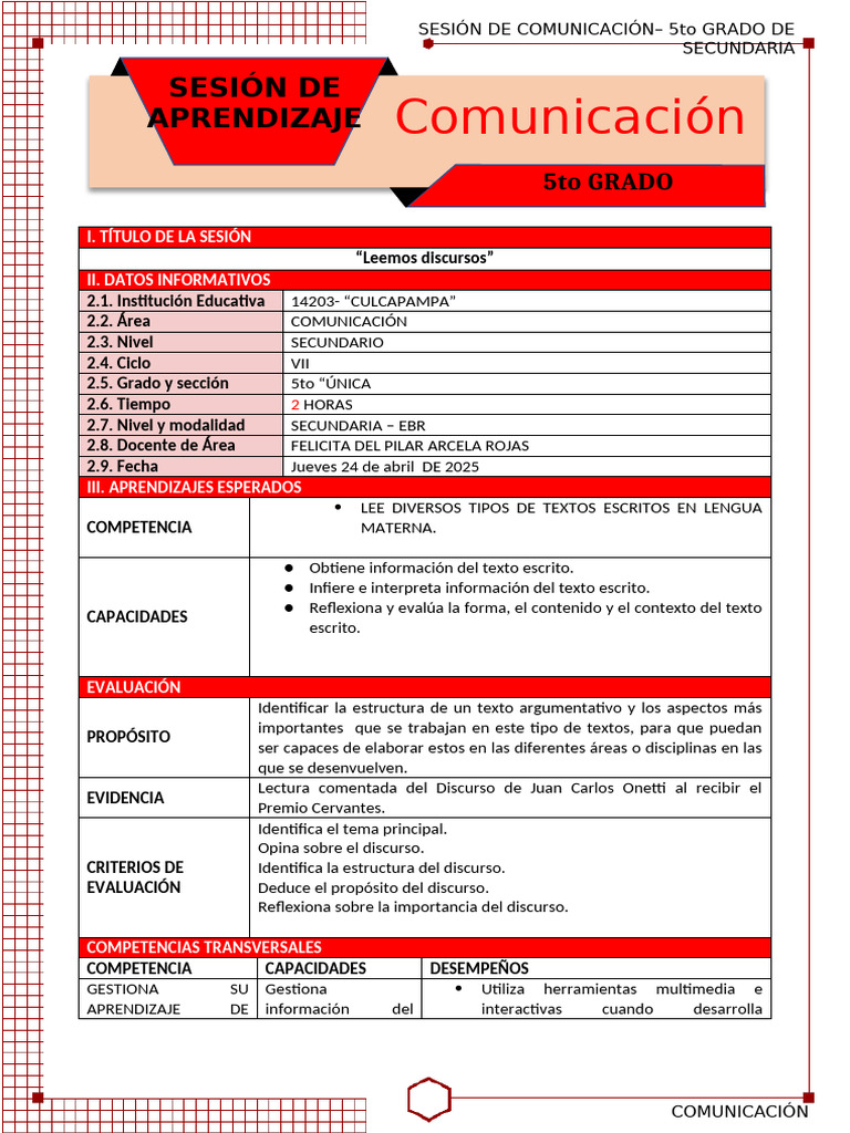 SESION DE APRENDIZAJE N° 2 5to de secundaria Leemos discursos. | PDF | Aprendizaje | Comunicación