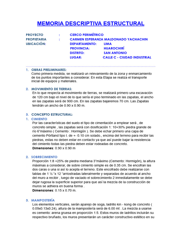Memoria Descriptiva Estructural - Huachipa | PDF | Hormigón | Fundación ...