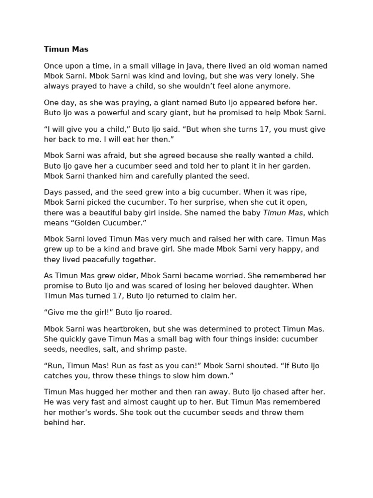 The Story of Timun Mas For Beginner Storyteller | PDF