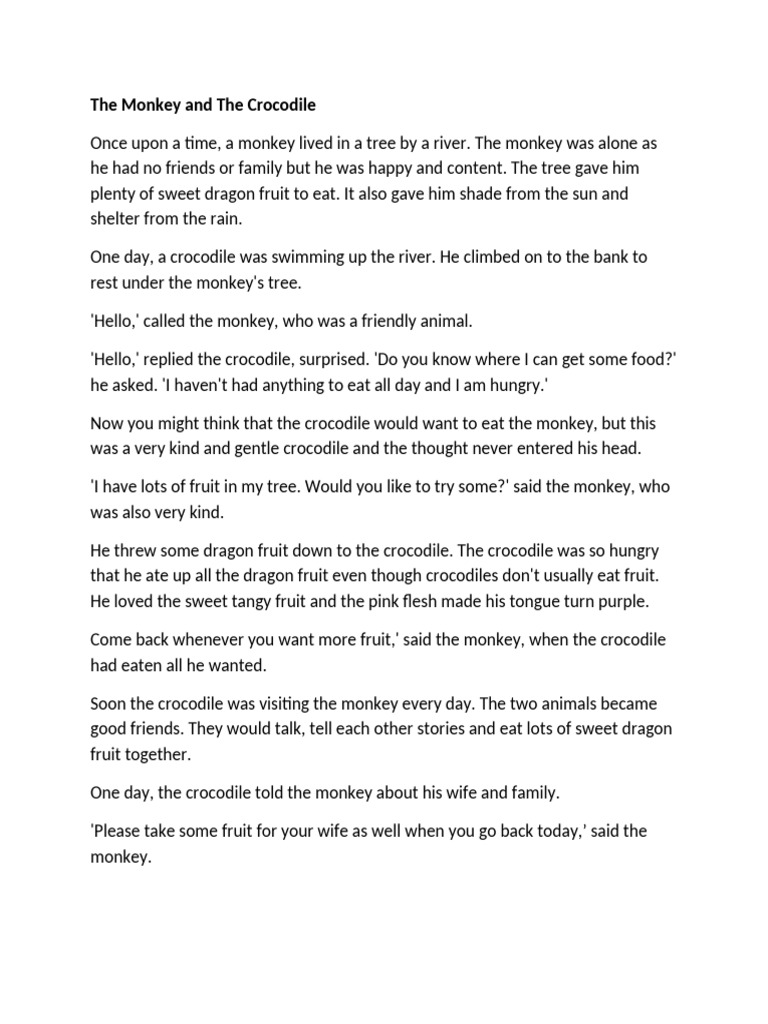 The Monkey and The Crocodile Story For Beginner Storyteller | PDF