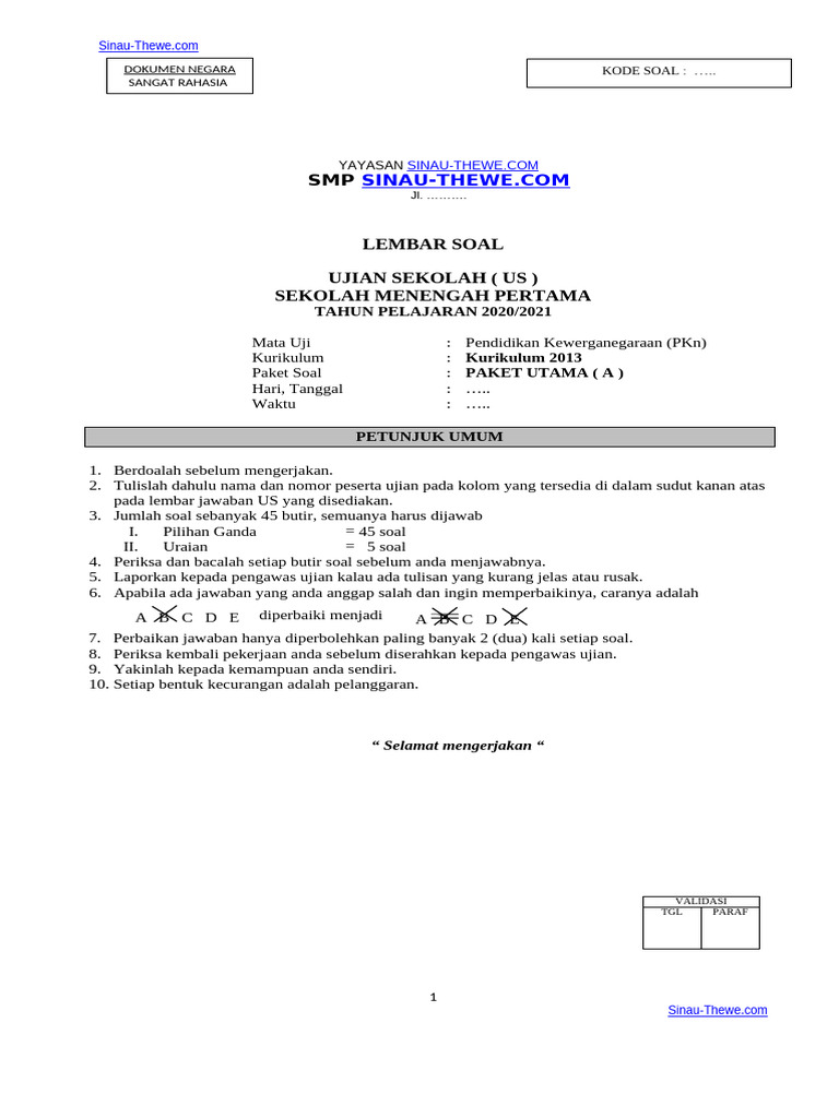 Soal & Jawaban Ujian Sekolah SMP PKN 2021 Sinau-Thewe | PDF