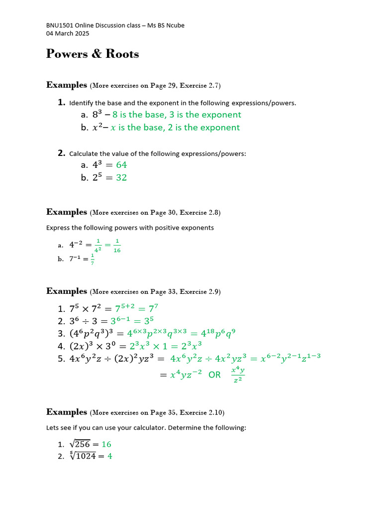 Online Lesson - Chapter 2 (Powers Roots) - Solutions | PDF