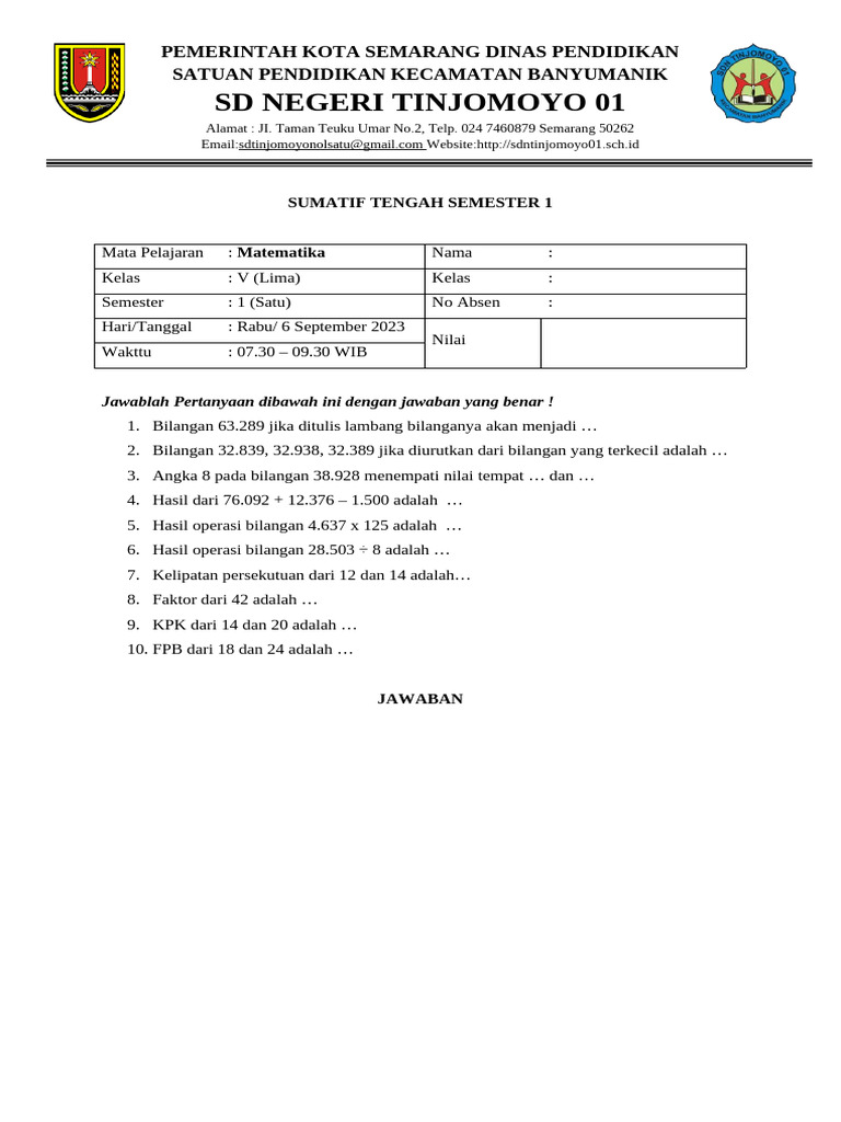 Sumatif Tengah Semester 1 MTK | PDF