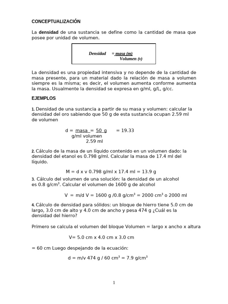 Cálculo y Conceptos de Densidad | PDF | Densidad | Volumen