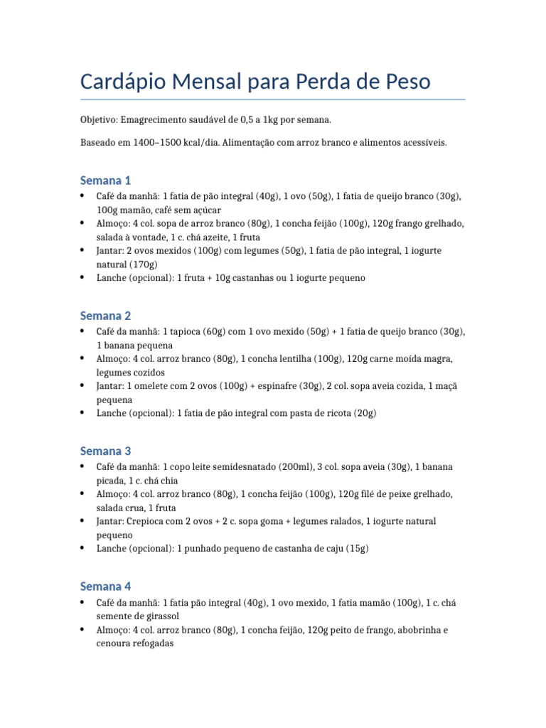 Cardapio Mensal Perda de Peso | PDF