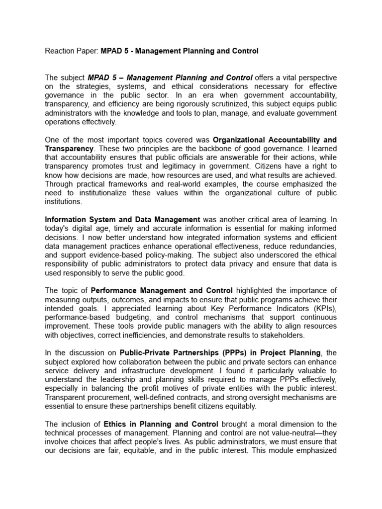 Tampos - MPAD 5 - Management Planning and Control | PDF | Governance ...