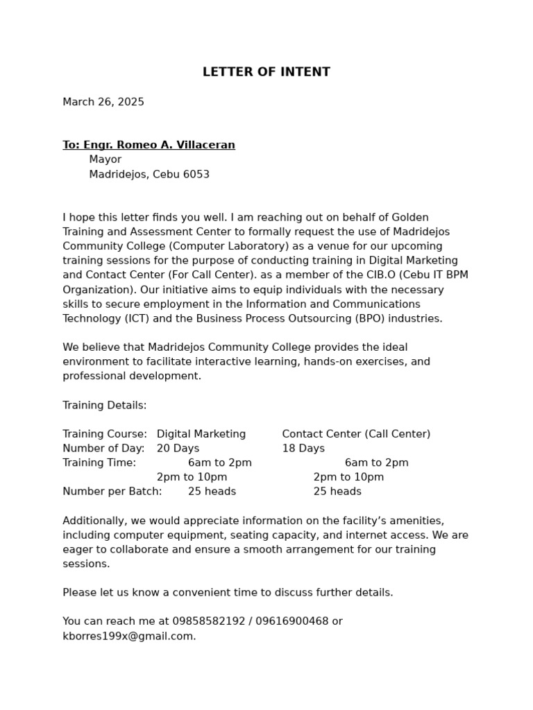 Letter of Intent 1 | PDF