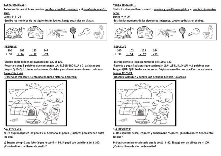 Tarea Semanal de Matemáticas y Lengua | PDF