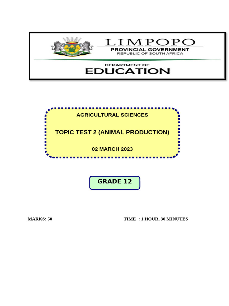 Grade 12 Animal Production Test 2023 | PDF | Pig