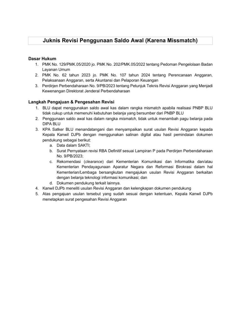Juknis Revisi Penggunaan Saldo Awal (Karena Missmatch) | PDF