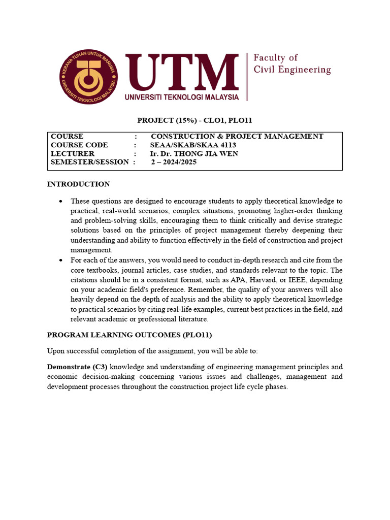 SEAA 4113 CLO1 Project (15%) SEM 2-20242025 with Rubric | PDF | Engineering | Knowledge