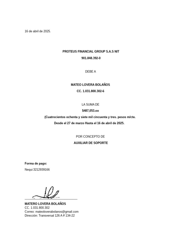 Cuenta de Cobro Mateo 13032025 Al 26032025 | PDF