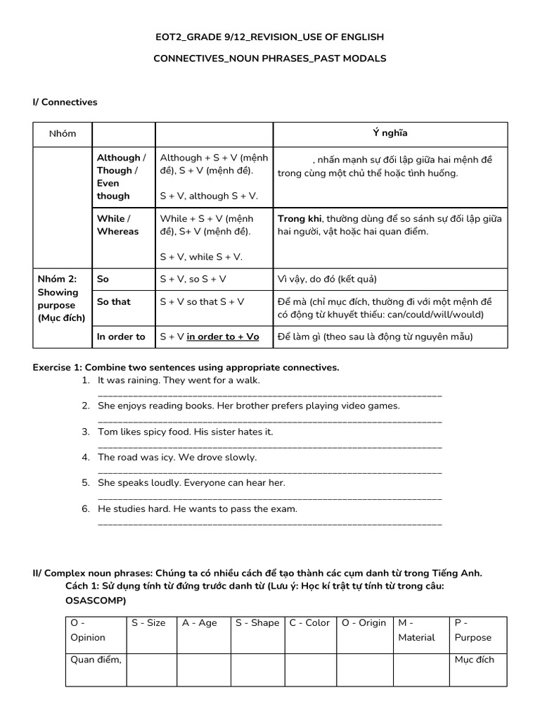 Eot2 - G9 - 12 - Connectives - Noun Phrases - Past Modals | PDF | Linguistics | Syntax