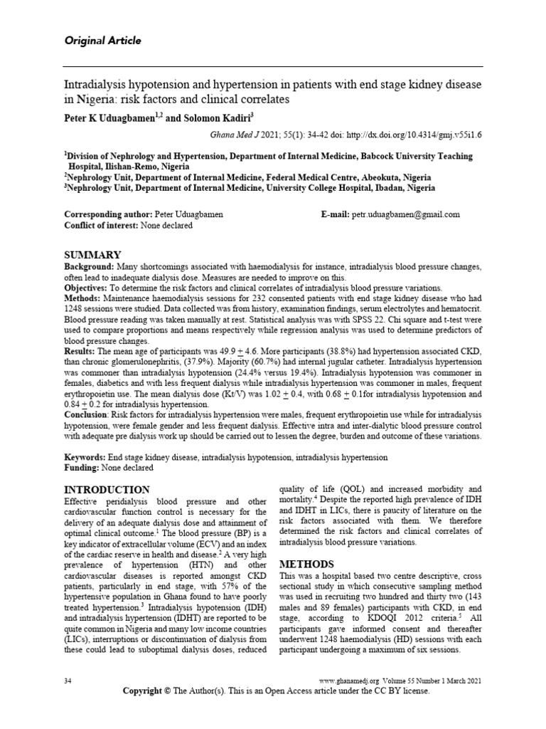 Intradialysis Hypotension and Hypertension in Patients With End Stage ...
