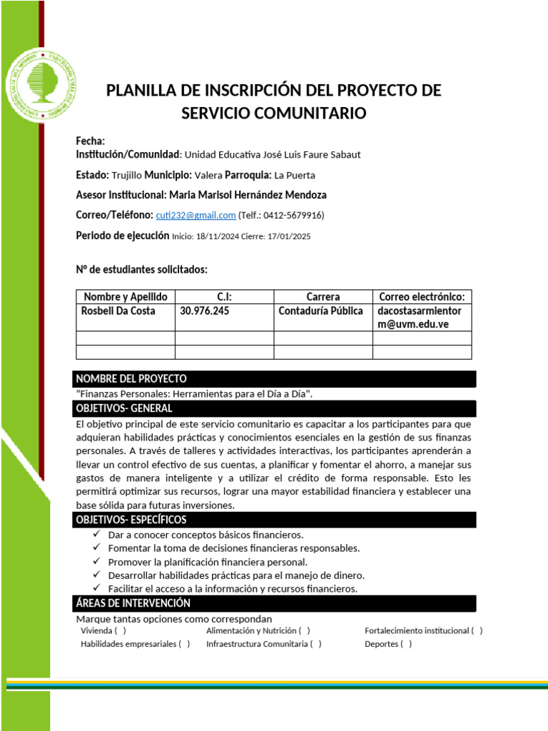Planila Inscripcion de Proyecto Servicio Comunitario | PDF | Presupuesto | Finanzas personales