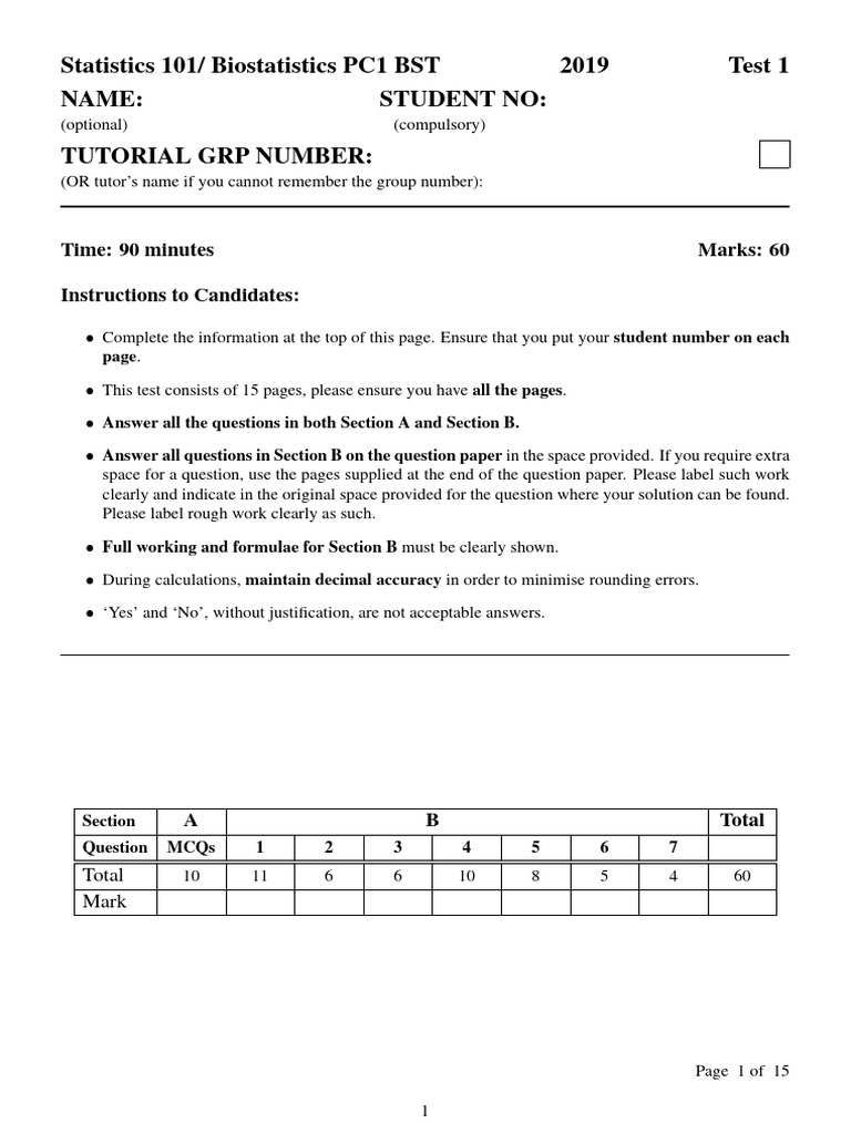 Biostats Term Test 1 2019 | PDF | White Blood Cell | Mean