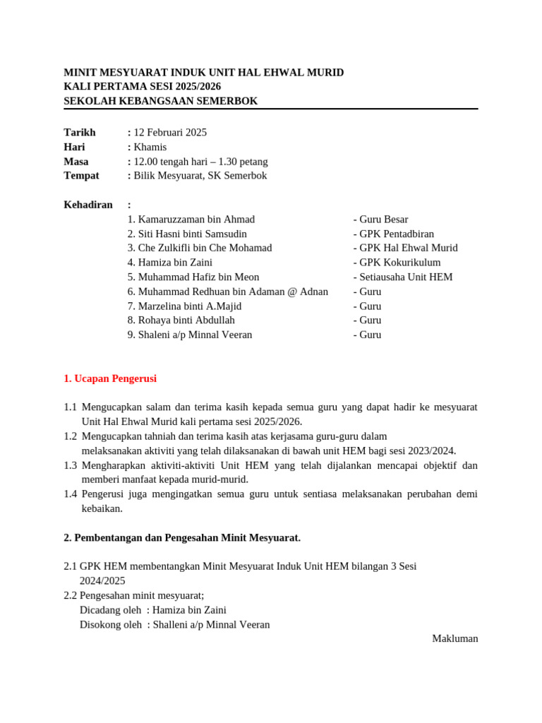 Minit Mesyuarat HEM Kali 1 2025 | PDF