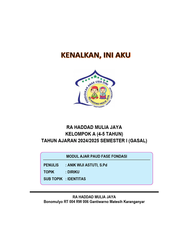 01 Modul Ajar TK A 2024 2025 Smt1 01 Kenalkan | PDF